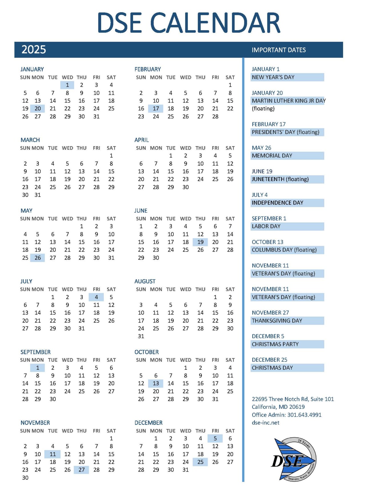 DSE 2025 Calendar – DSE, Inc.